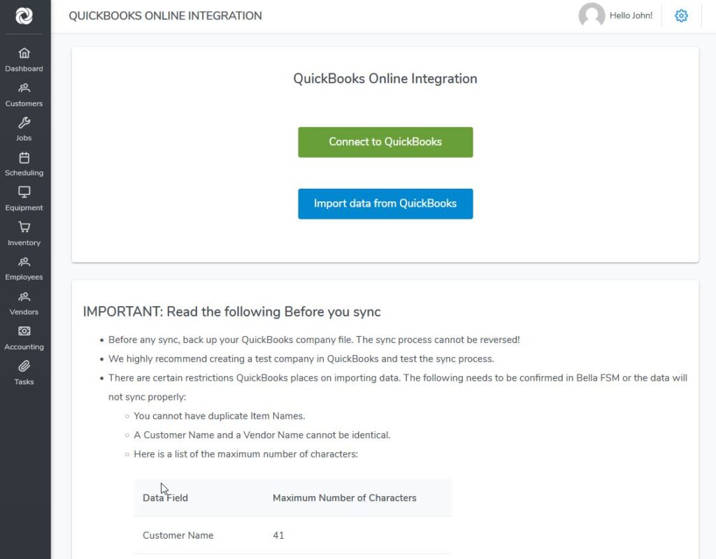 QuickBooks Integration with Bella FSM